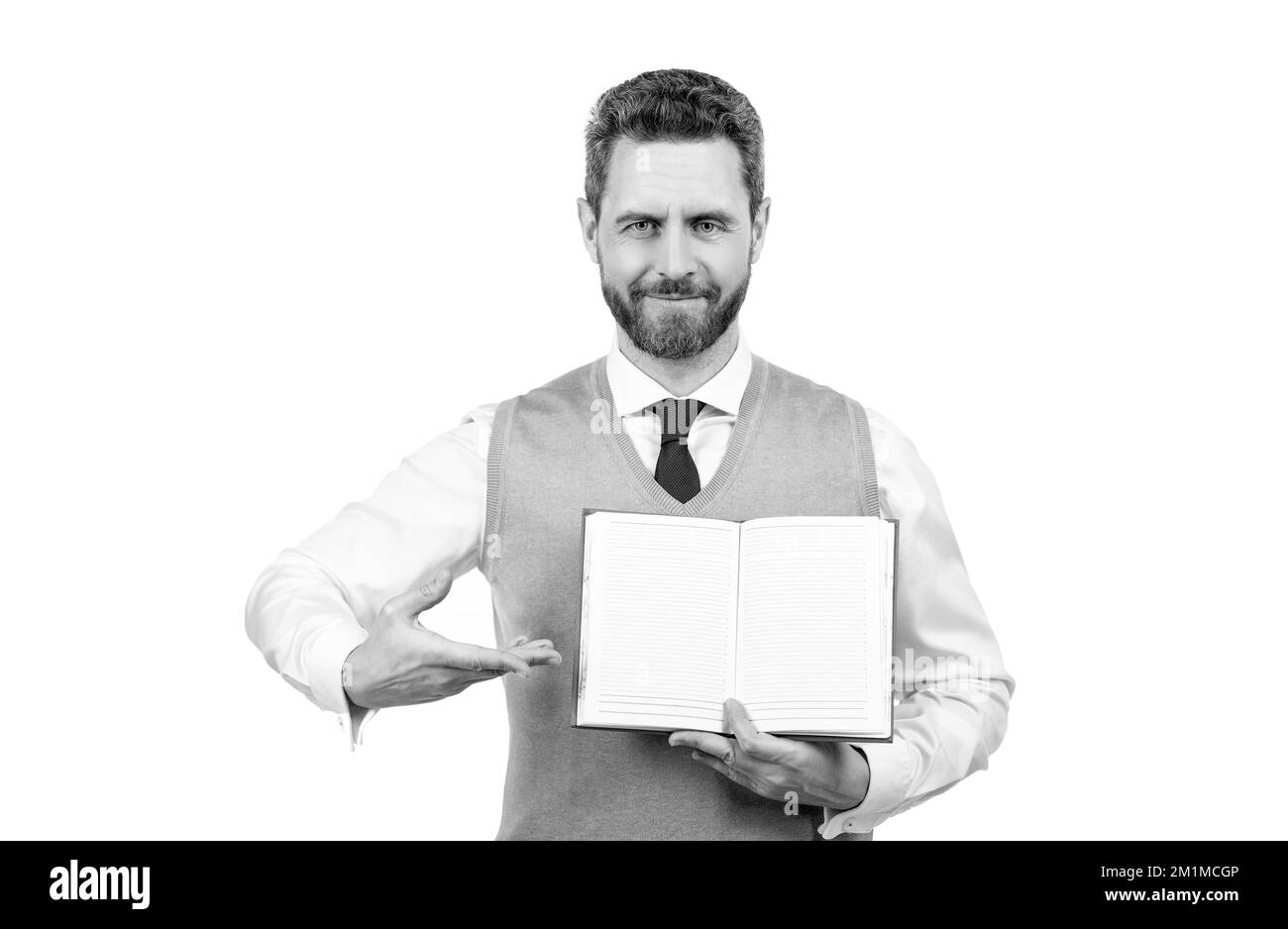man showing notebook isolated on white background, erudition Stock ...