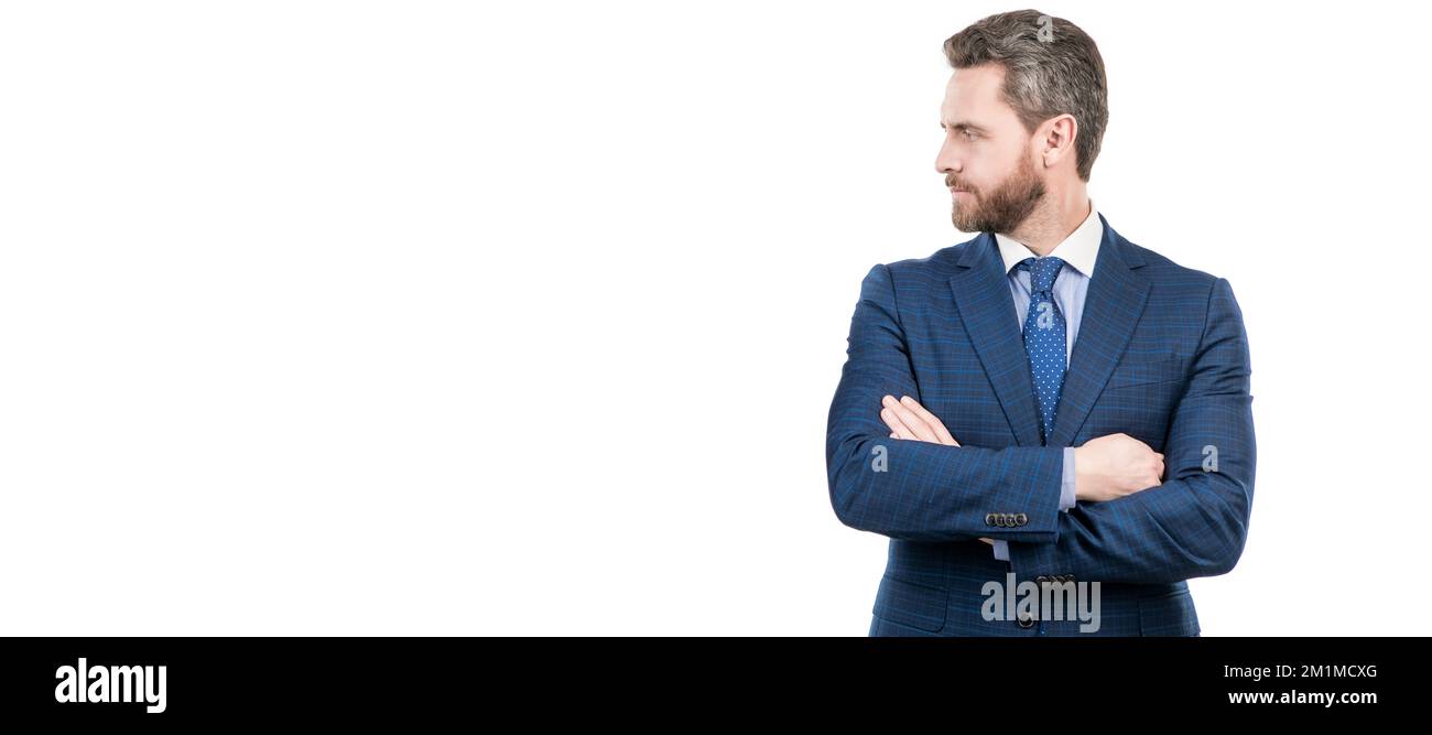 Serious confident man boss keep arms crossed in formal suit ...