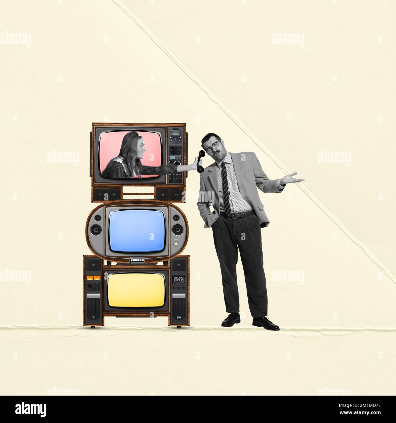 Contemporary art collage. Businessman talking on phone. Woman on retro ...