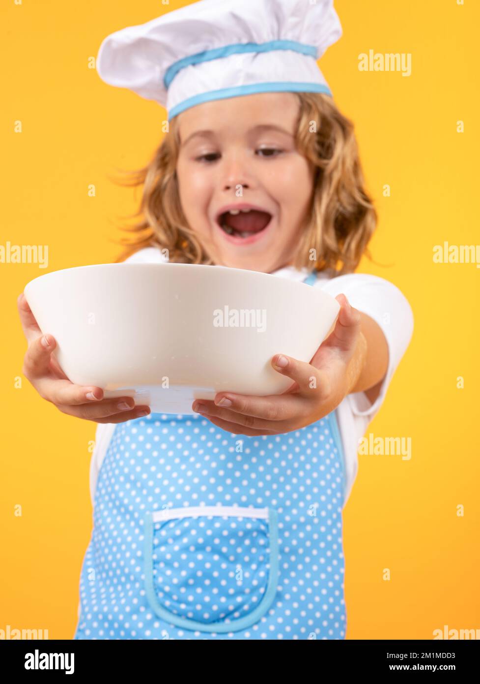 Funny kid chef cook with kitchen plate, studio portrait. Chef kid ...