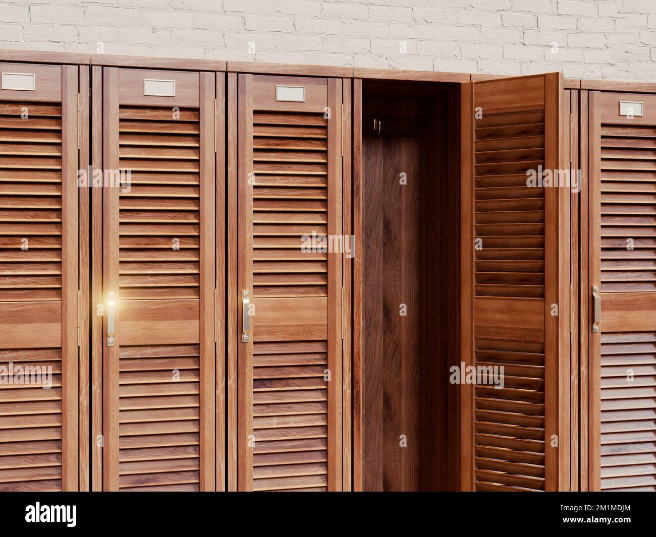 A row of vintage wooden louvered door lockers with one open door ...