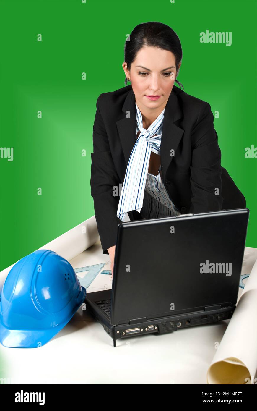Close up of constructor woman engineer working in office on laptop and ...