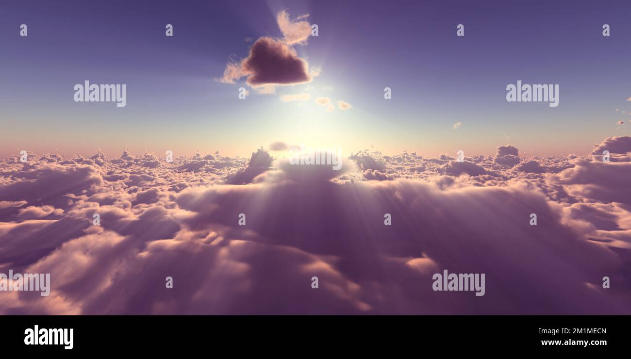 fly above clouds sunset landscape, 3d render illustration Stock Photo ...
