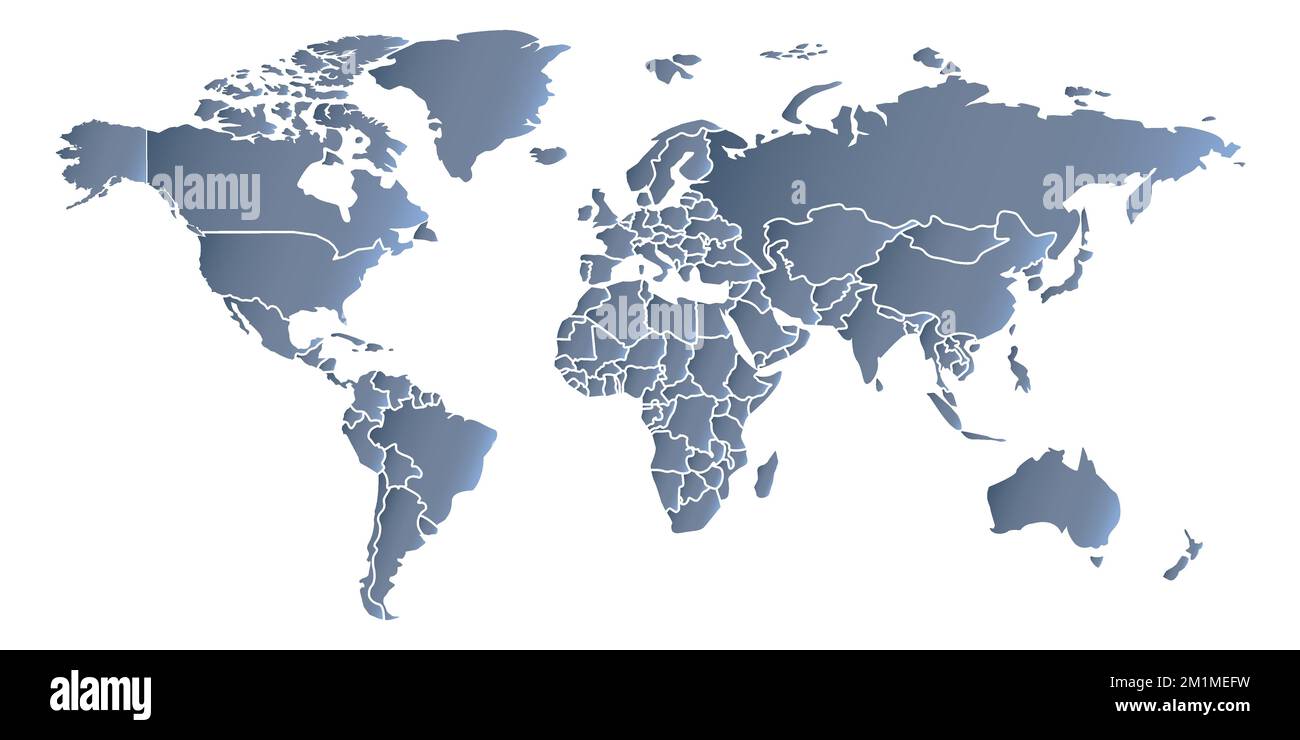 A simplified map of the world. Stylized generalized blue card on a ...