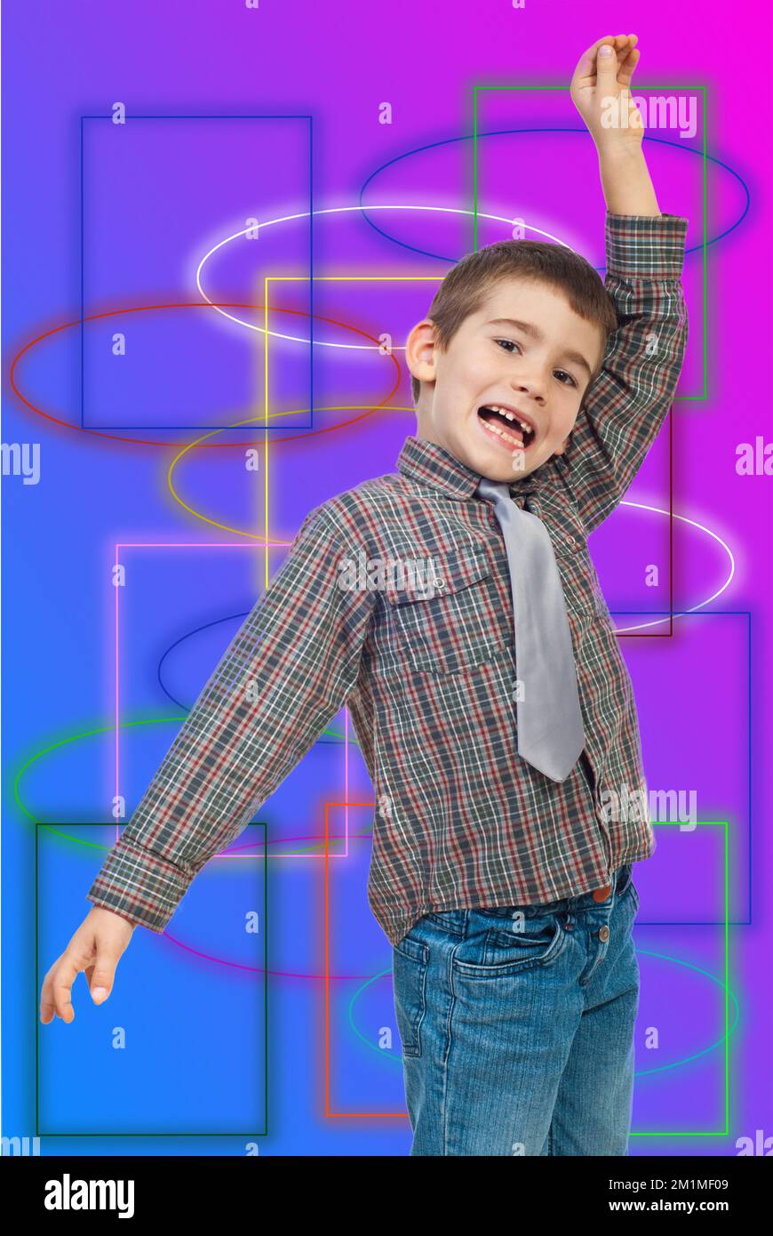 Excited little boy shouting and holding a hand up isolated on white ...