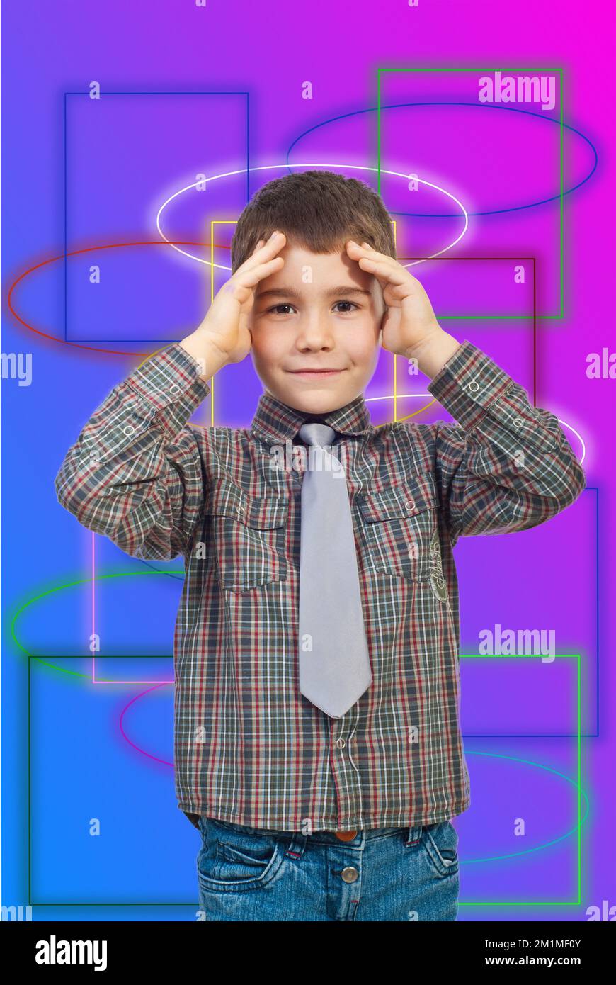 Confused kid boy holding hands to forehead isolated on white background ...