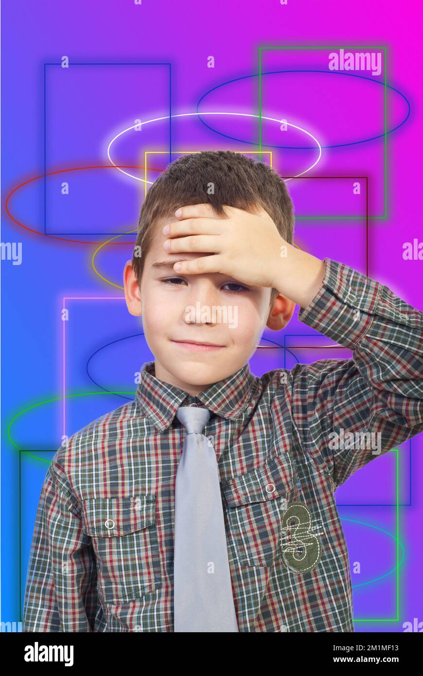 Boy with head ache or being confused holding hand to forehead isolated on white background Stock ...