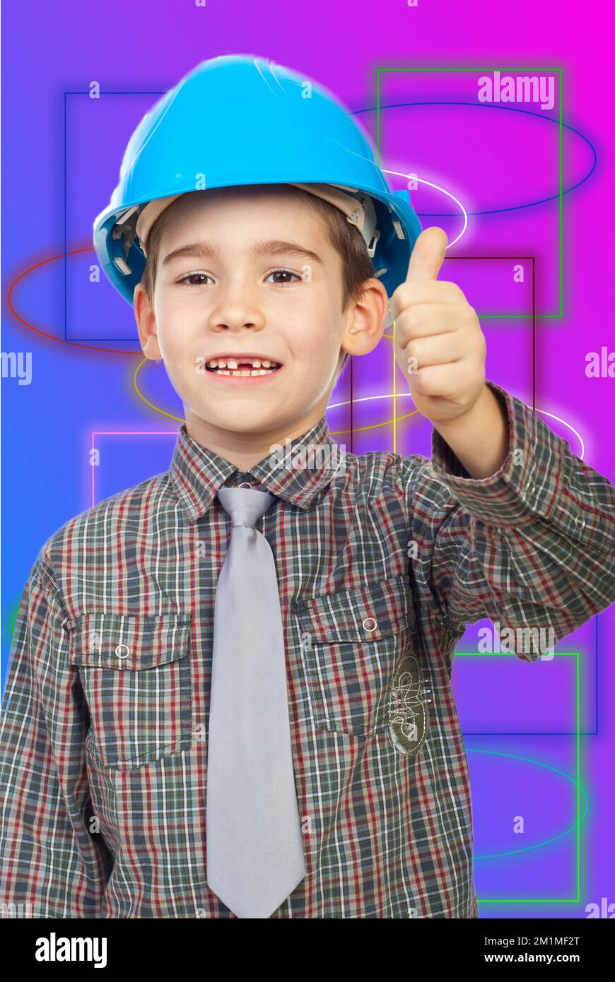 Little architect with missing teeth giving thumbs up and smiling ...