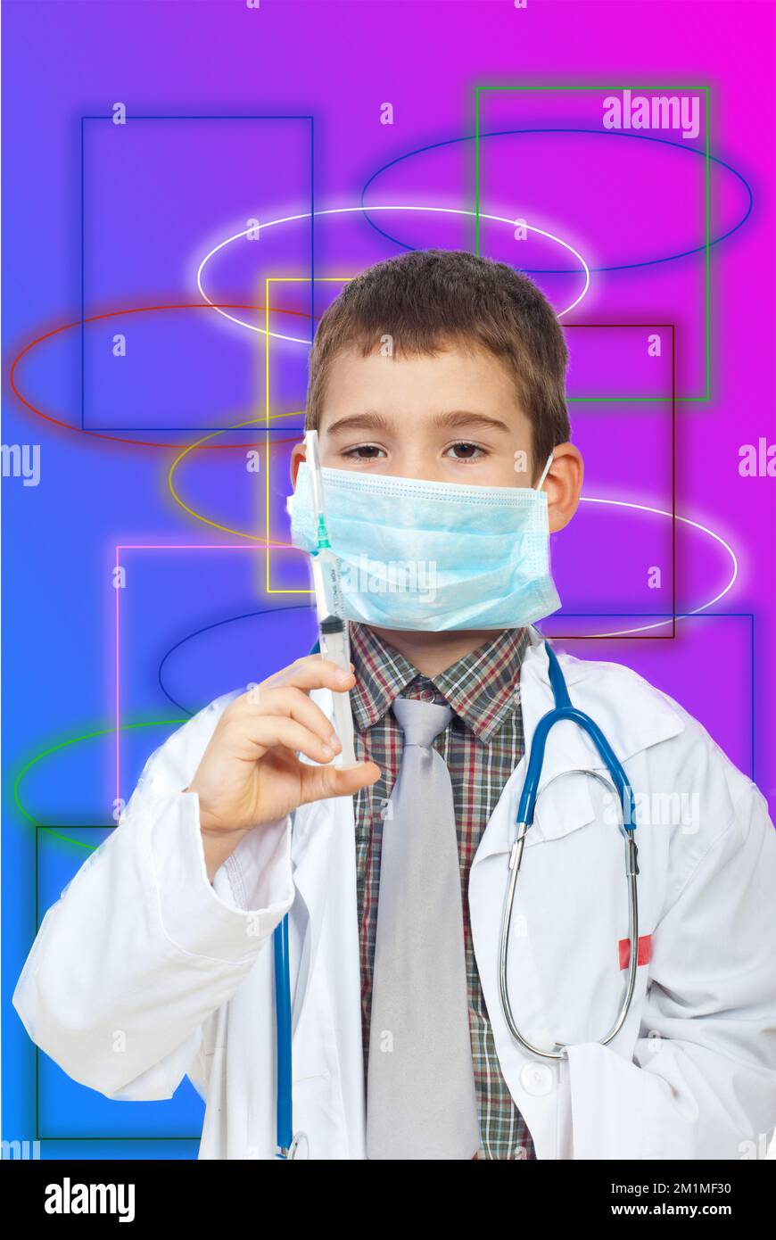 Future boy doctor with mask holding syringe isolated on white ...