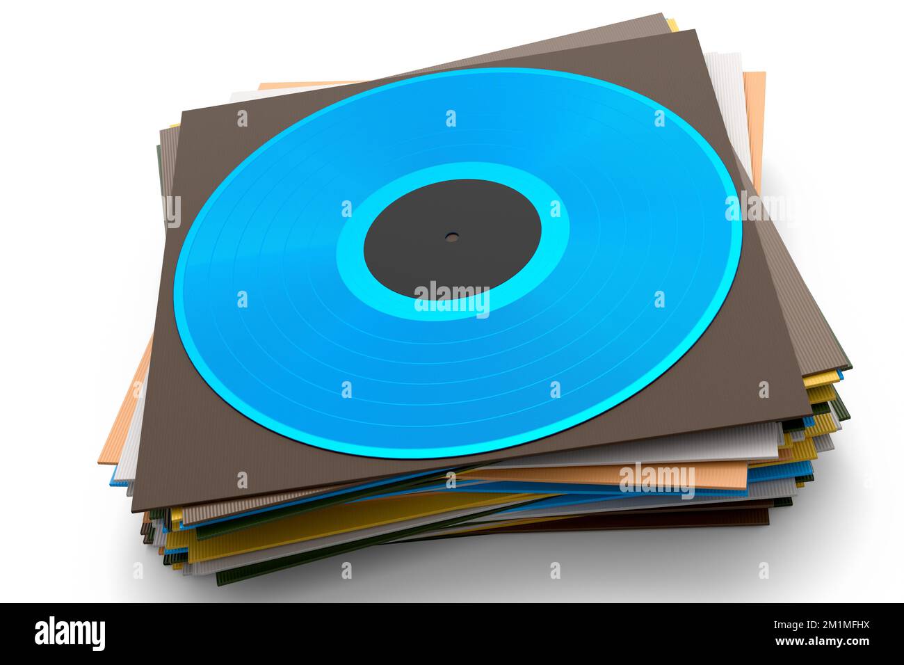 Black vinyl LP record with heap of covers isolated on white background ...