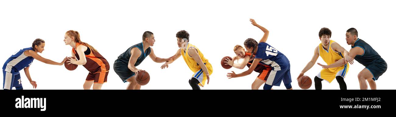 Collage. Young people, basketball players training, playing isolated ...
