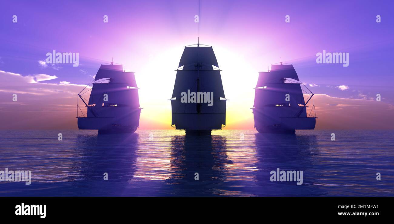 old three ships sunset at sea, 3d rendering illustration Stock Photo ...