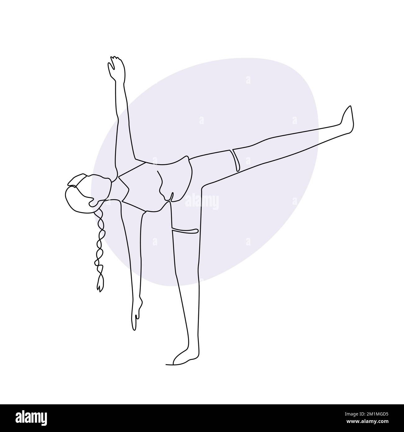 Single line drawing of a girl standing in a yoga pose with abstract ...