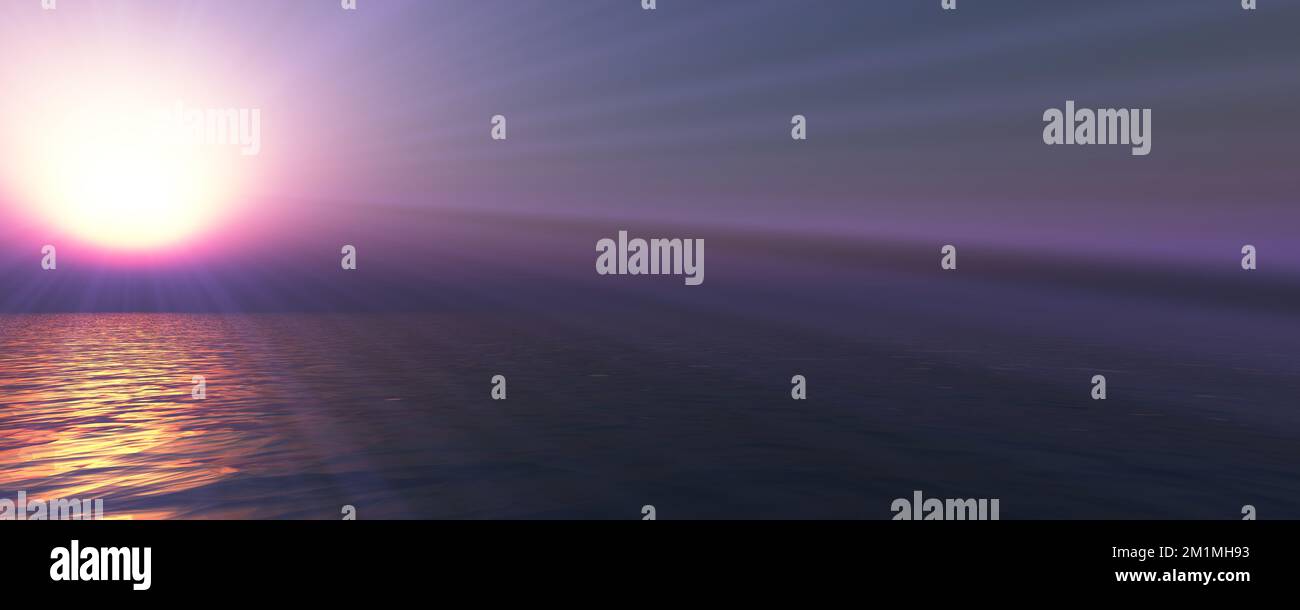 sunset sea sun ray clear sky, 3d rendering illustration Stock Photo - Alamy