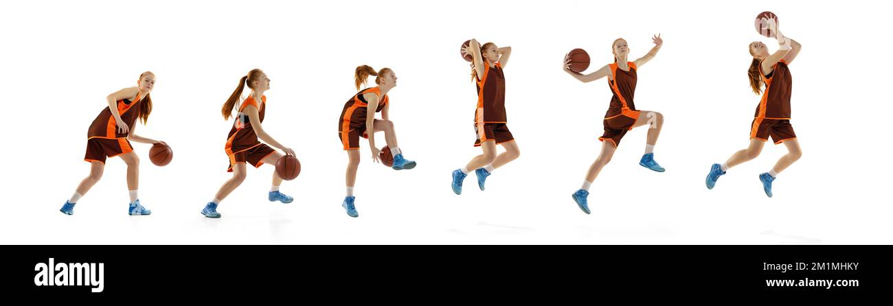 Collage. Development of movements. Young sportive girl, teen in uniform ...