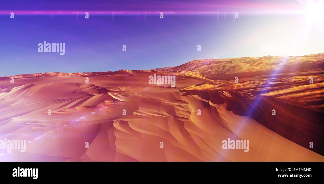 Dunes sunset over the desert. 3d rendering illustration Stock Photo - Alamy