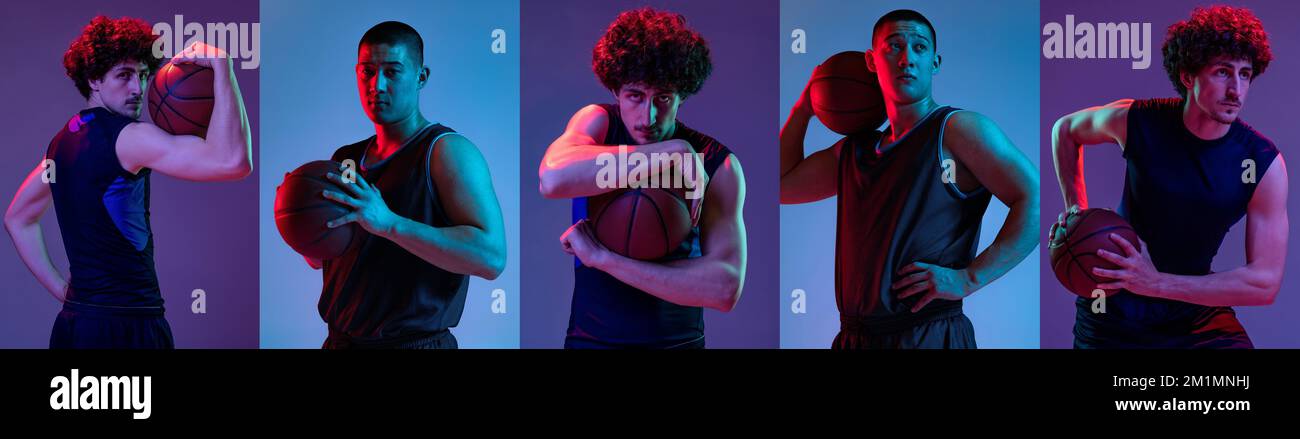 College. Muscular young men, basketball players posing with ball ...