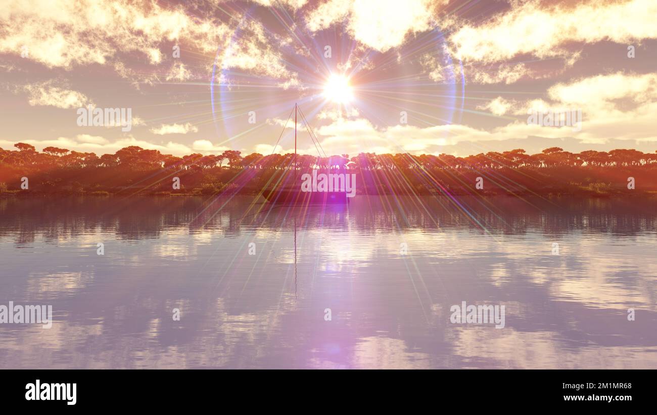 Beautiful sunset over the tropical lagoon, illustration 3d rendering ...