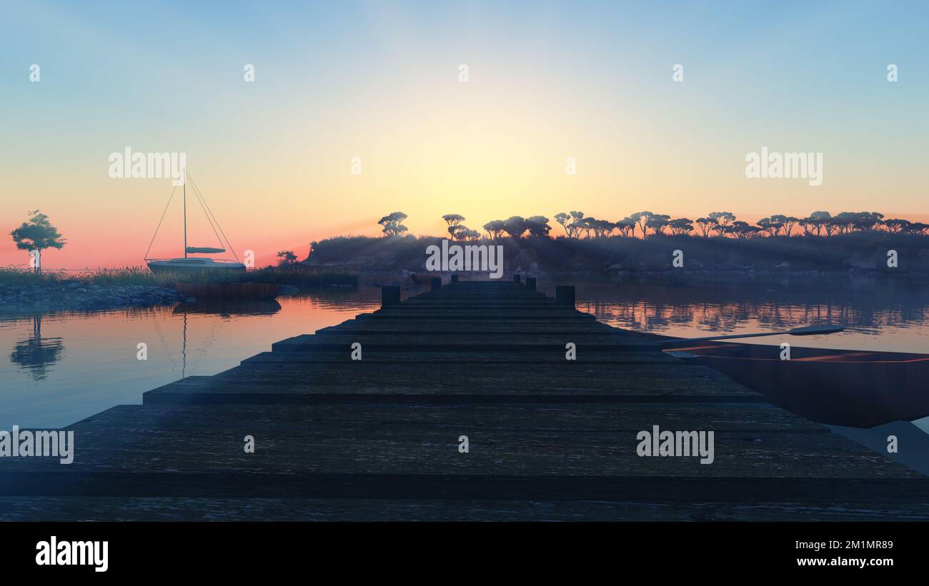 Beautiful sunset over the tropical lagoon, illustration 3d rendering ...