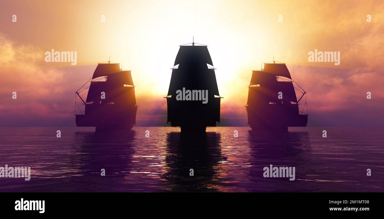 old three ships sunset at sea, 3d rendering illustration Stock Photo ...