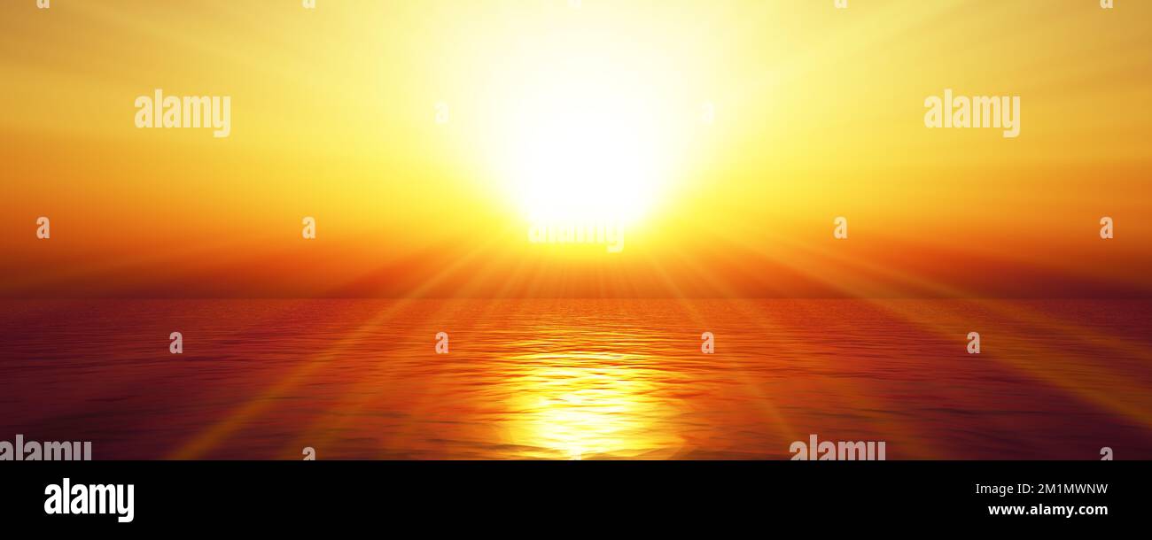 sunset sea sun ray clear sky, 3d rendering illustration Stock Photo - Alamy