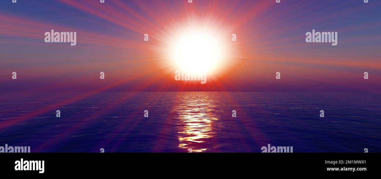 sunset sea sun ray clear sky, 3d rendering illustration Stock Photo - Alamy