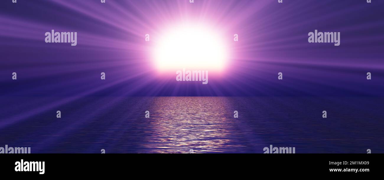 sunset sea sun ray clear sky, 3d rendering illustration Stock Photo - Alamy