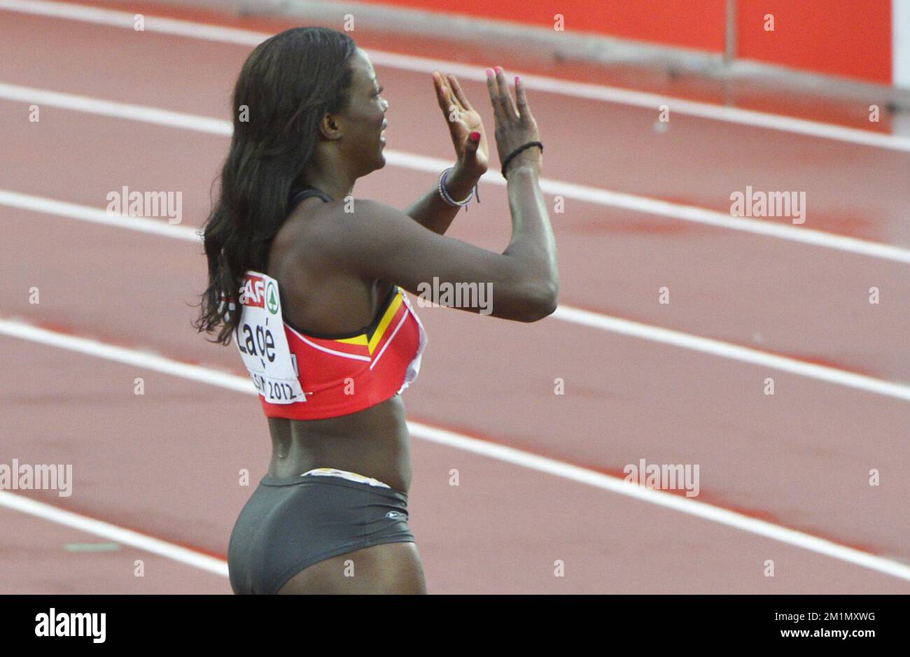 20120630 - HELSINKI, BELGIUM: Belgian athlete Anne Zagre celebrates at ...