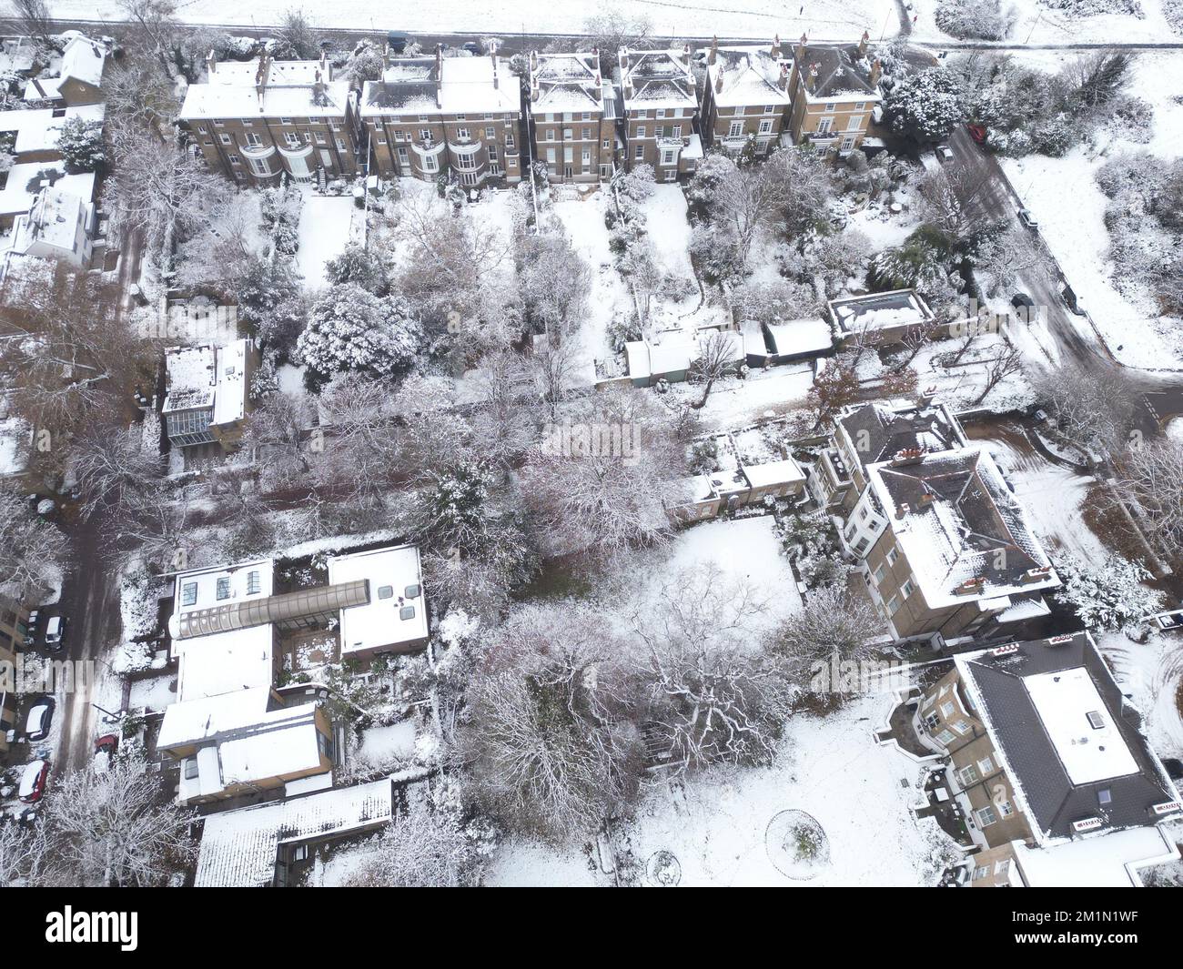 Houses in Blackheath, Greenwich, covered in snow. Snow and ice have ...