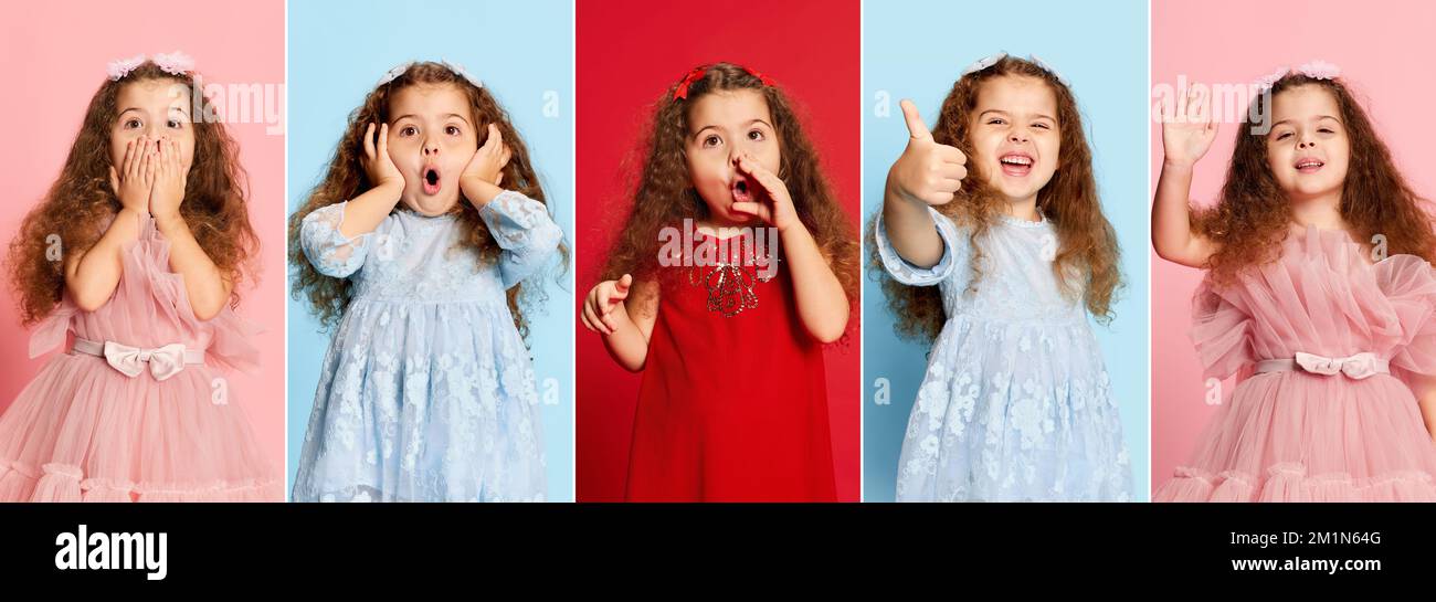 Kids emotions. Collage of images of little cute girl isolated on ...