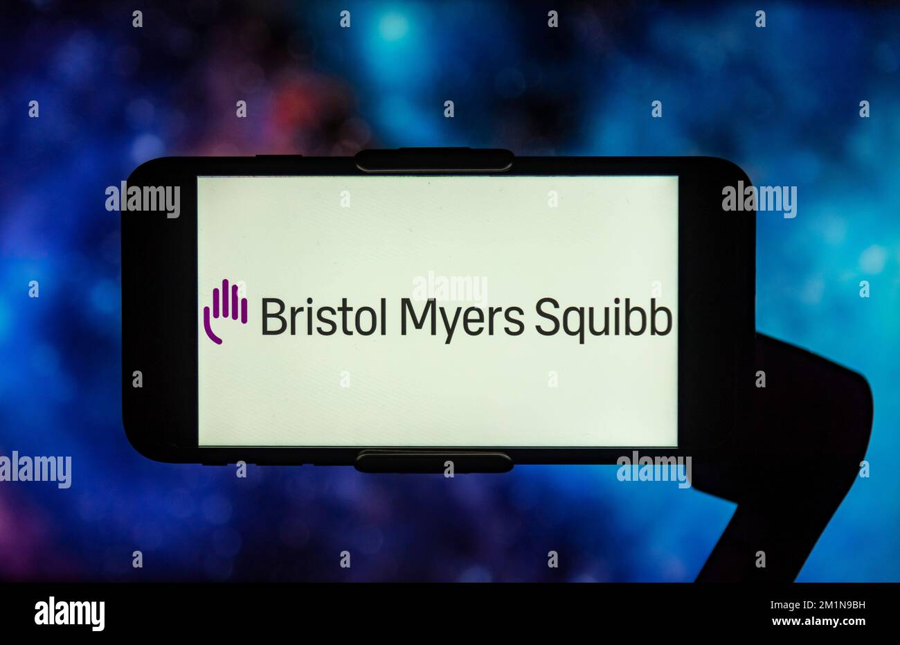 In this photo illustration, the logo of Bristol Myers Squibb is seen ...