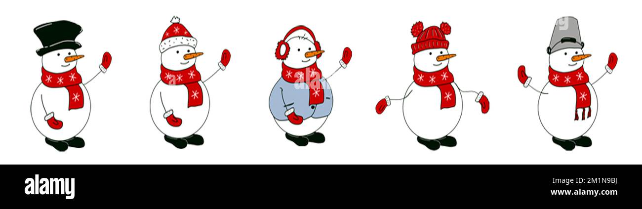 Set of Snowman with hat and scarf isolated on white background. Hand ...