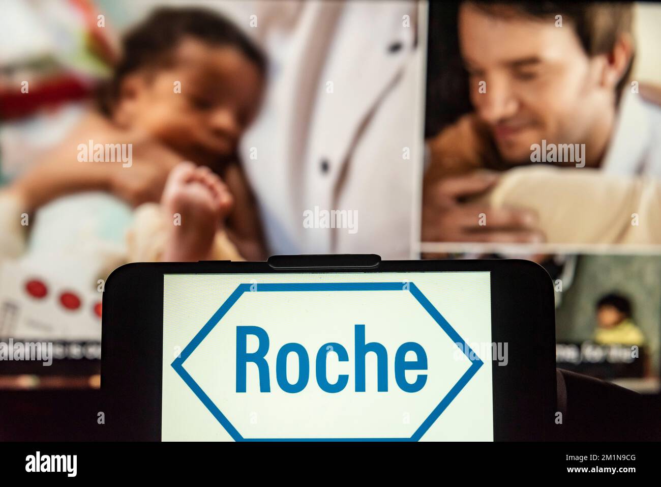 In this photo illustration, the logo of Roche pharmaceutical is seen ...