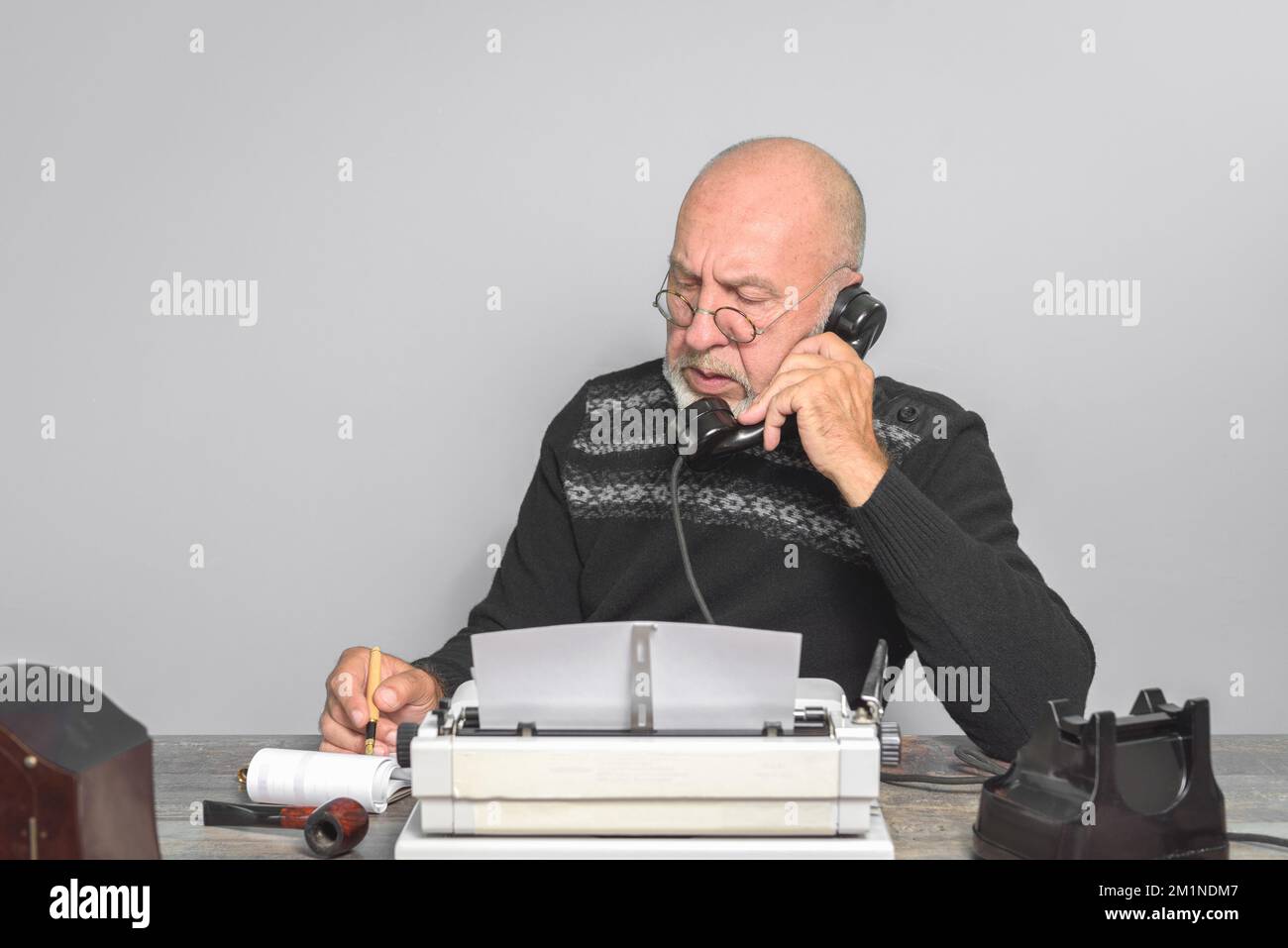 Journalist at work. Desk with telephone and typewriter. Vintage. Writer ...