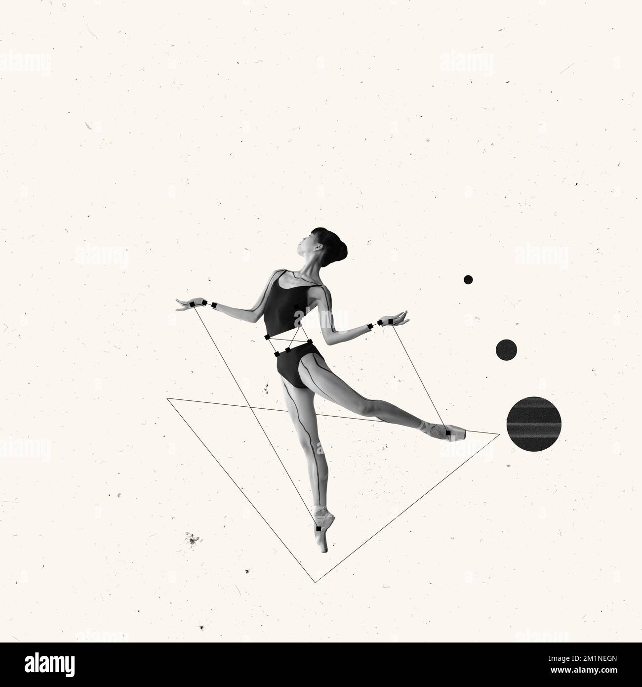 Contemporary art collage. Tender young girl, ballerina on pointe ...