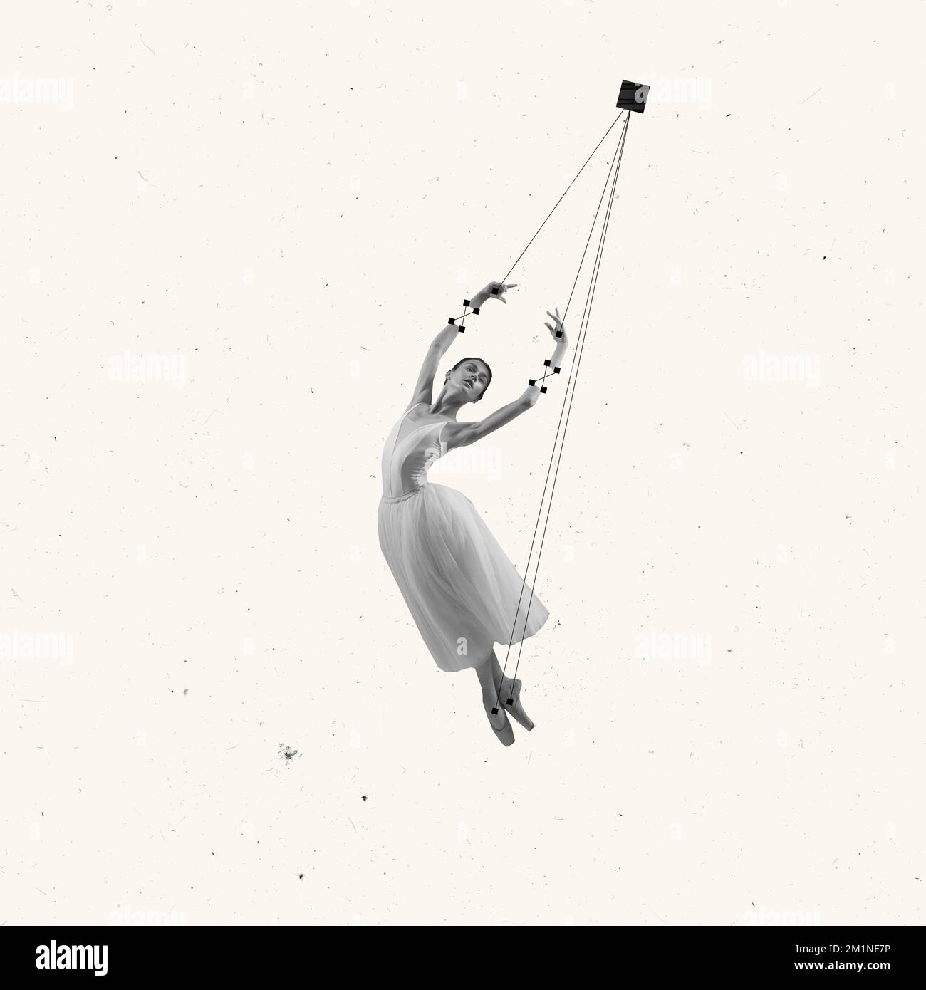 Contemporary art collage. Tender young woman, ballerina performing over ...