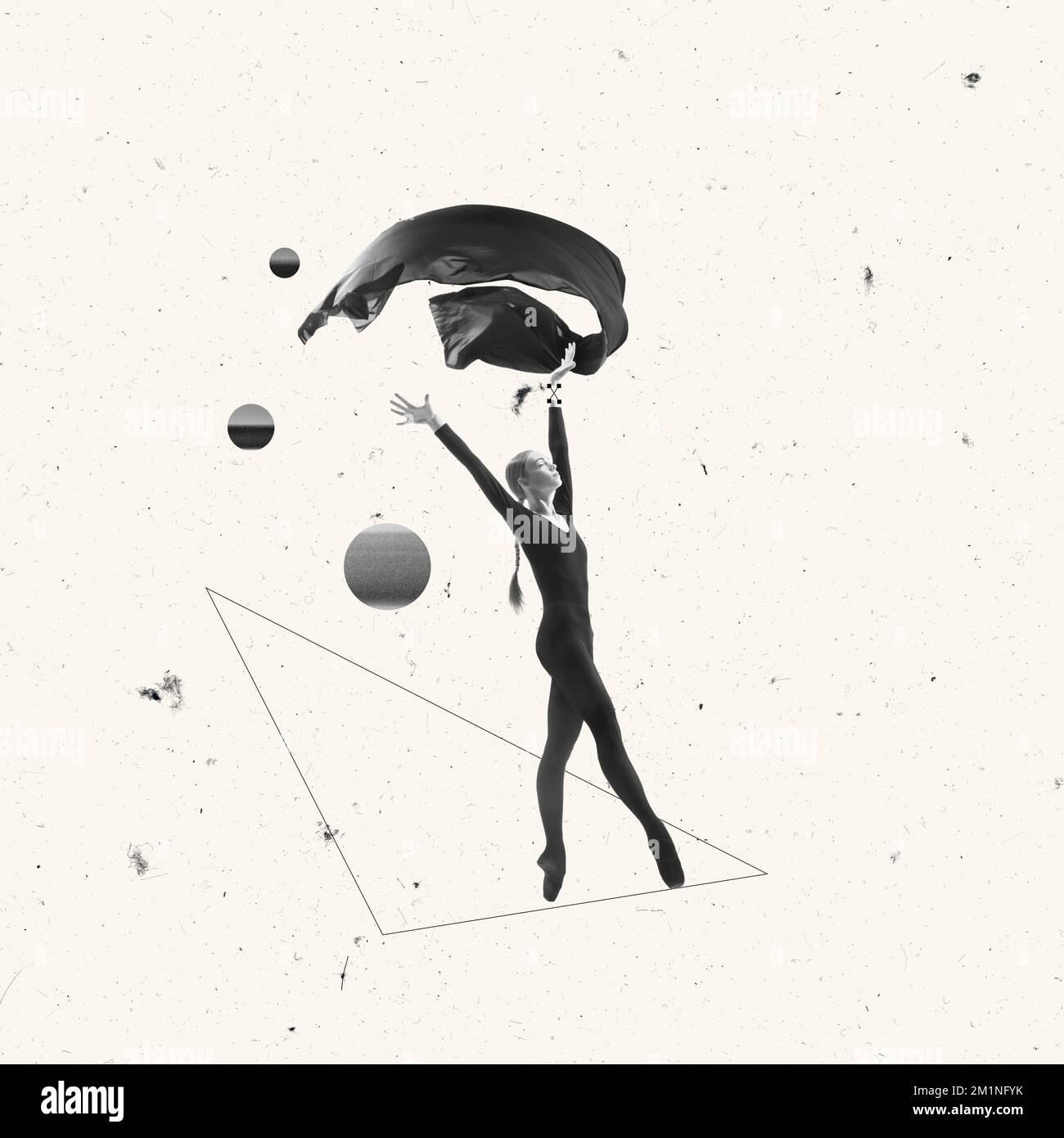 Contemporary art collage. Tender young woman, ballerina dancing with ...