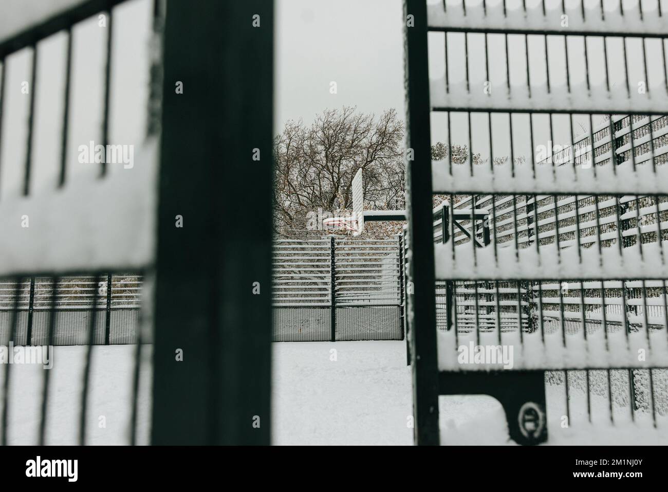 Views of snow on the outdoor basketball court in Clissold Park, Hackney ...