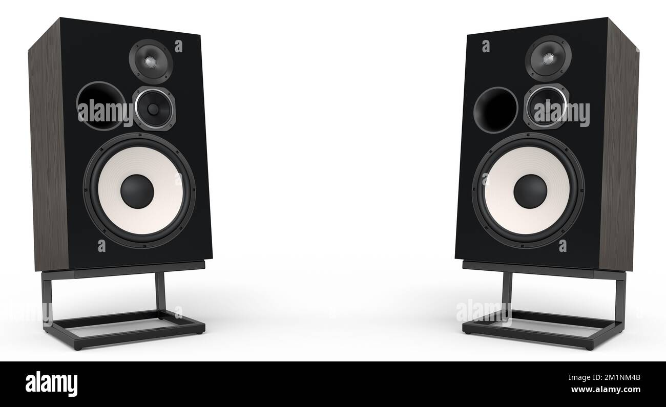Hi-fi speakers with loudspeakers on stand isolated on white background ...