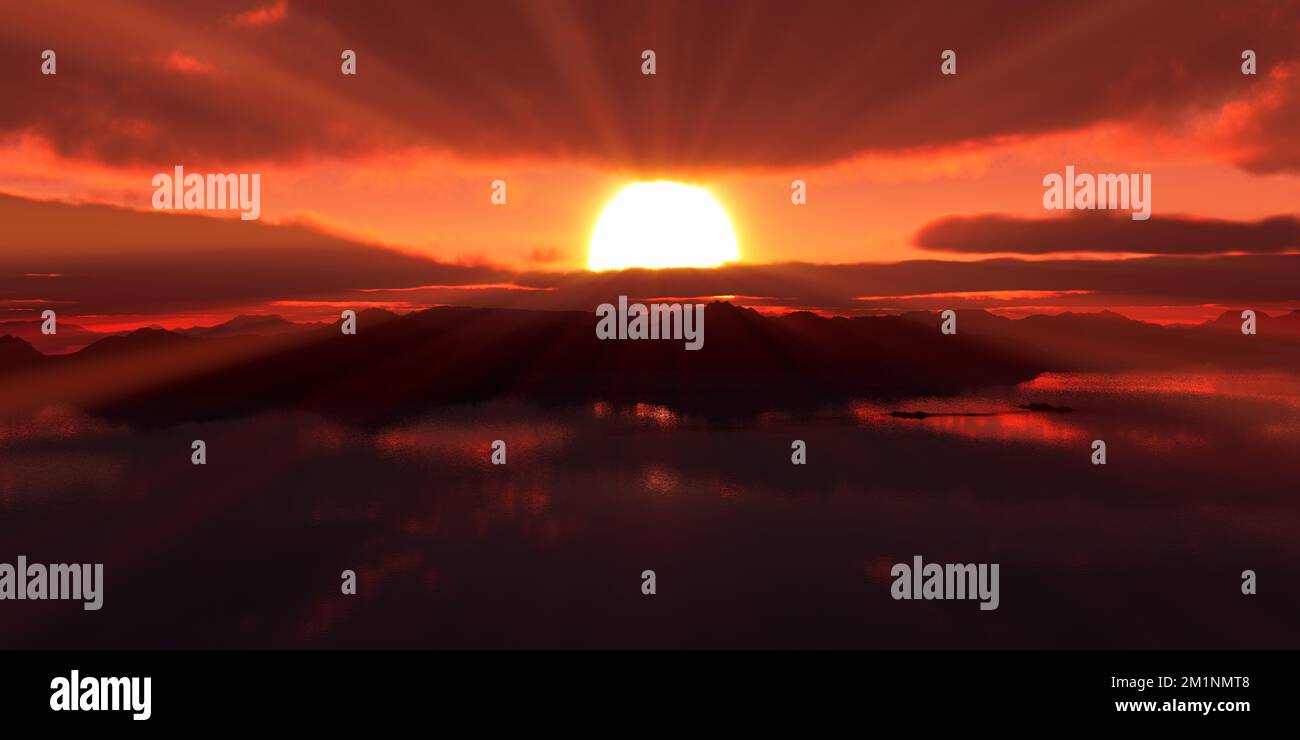 above islands in sea sunset, illustration 3d rendering Stock Photo - Alamy