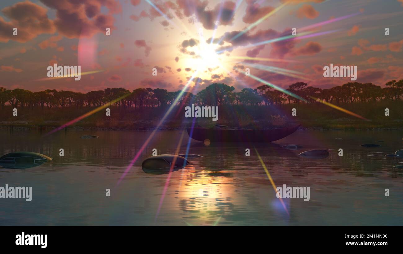 Beautiful sunset over the tropical lagoon, illustration 3d rendering ...