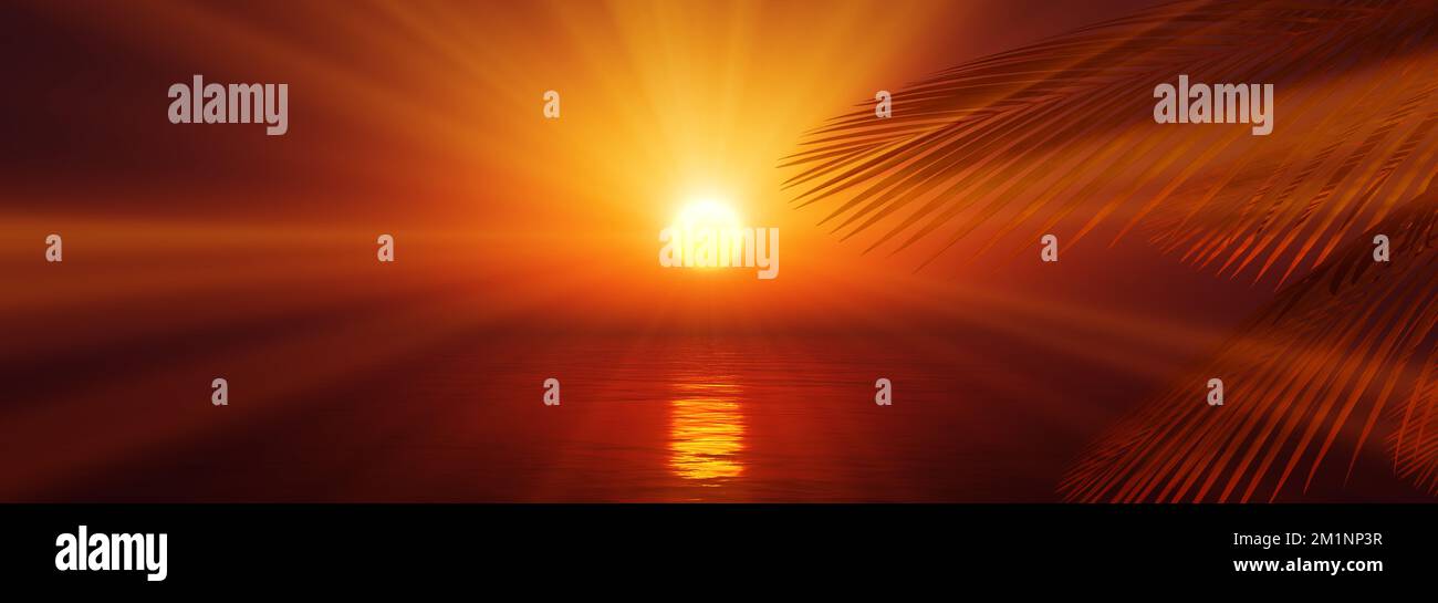 sunset sea palm landscape illustration, 3d render Stock Photo - Alamy