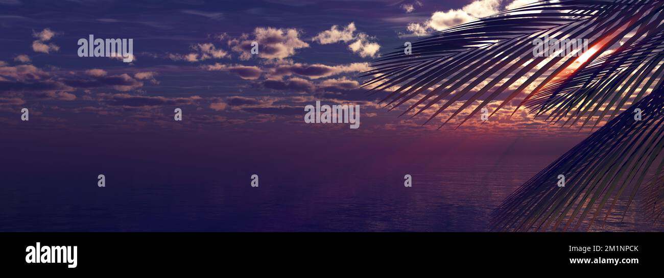 sunset sea palm landscape illustration, 3d render Stock Photo - Alamy