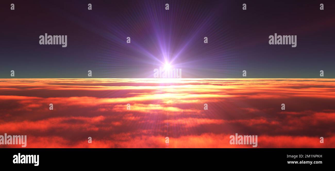 above clouds fly sunset sun ray illustration, 3d render Stock Photo - Alamy