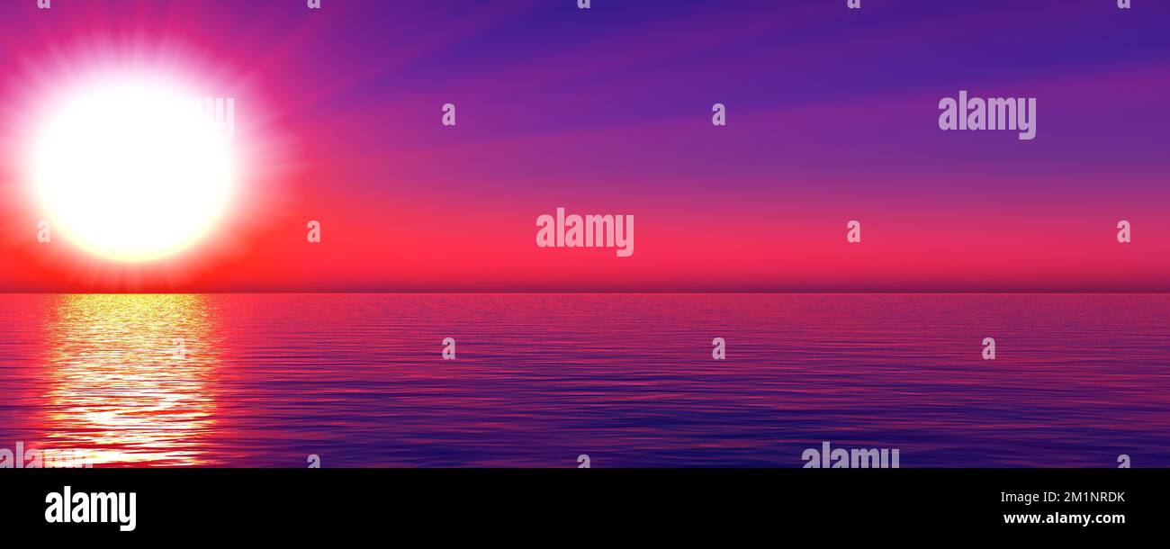 sunset sea sun ray clear sky, 3d rendering illustration Stock Photo - Alamy
