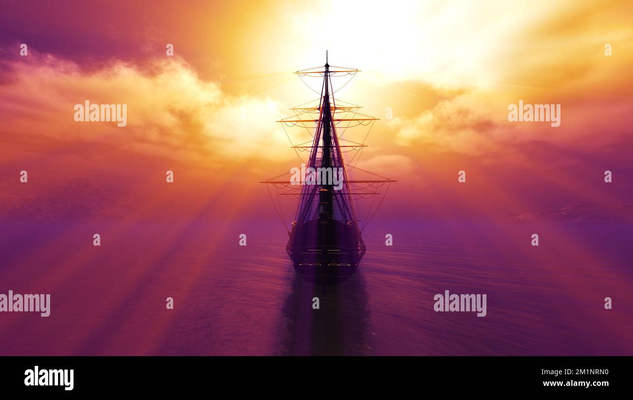 old ship sunset at sea illustration 3d rendering Stock Photo - Alamy