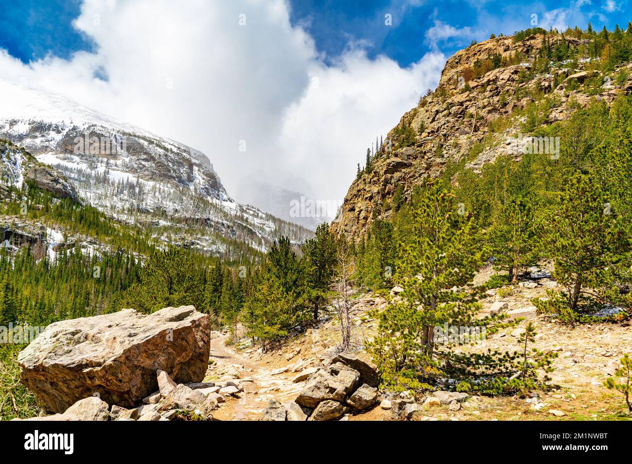 A scenic shot of Rocky Mountain National Park on a cloudy sky in ...