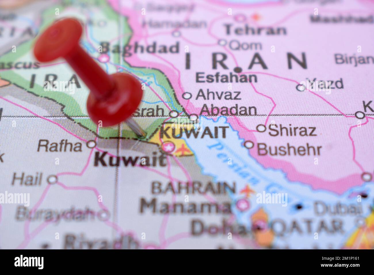 Red Push Pin Pointing on Location of Kuwait World Map Close-Up View ...