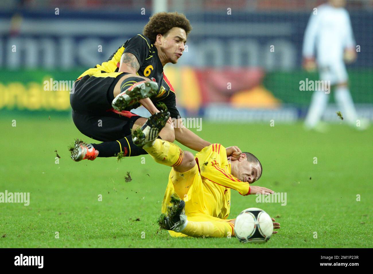 Belgium's Axel Witsel (left) and Romania's Alexandru Bourceanu fight ...