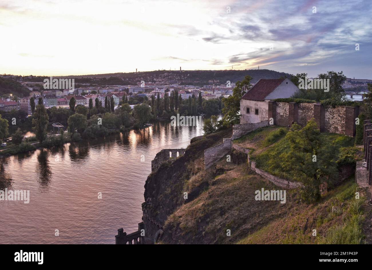 Evening view of river Vltava form Vysehrad historic fort in Prague ...